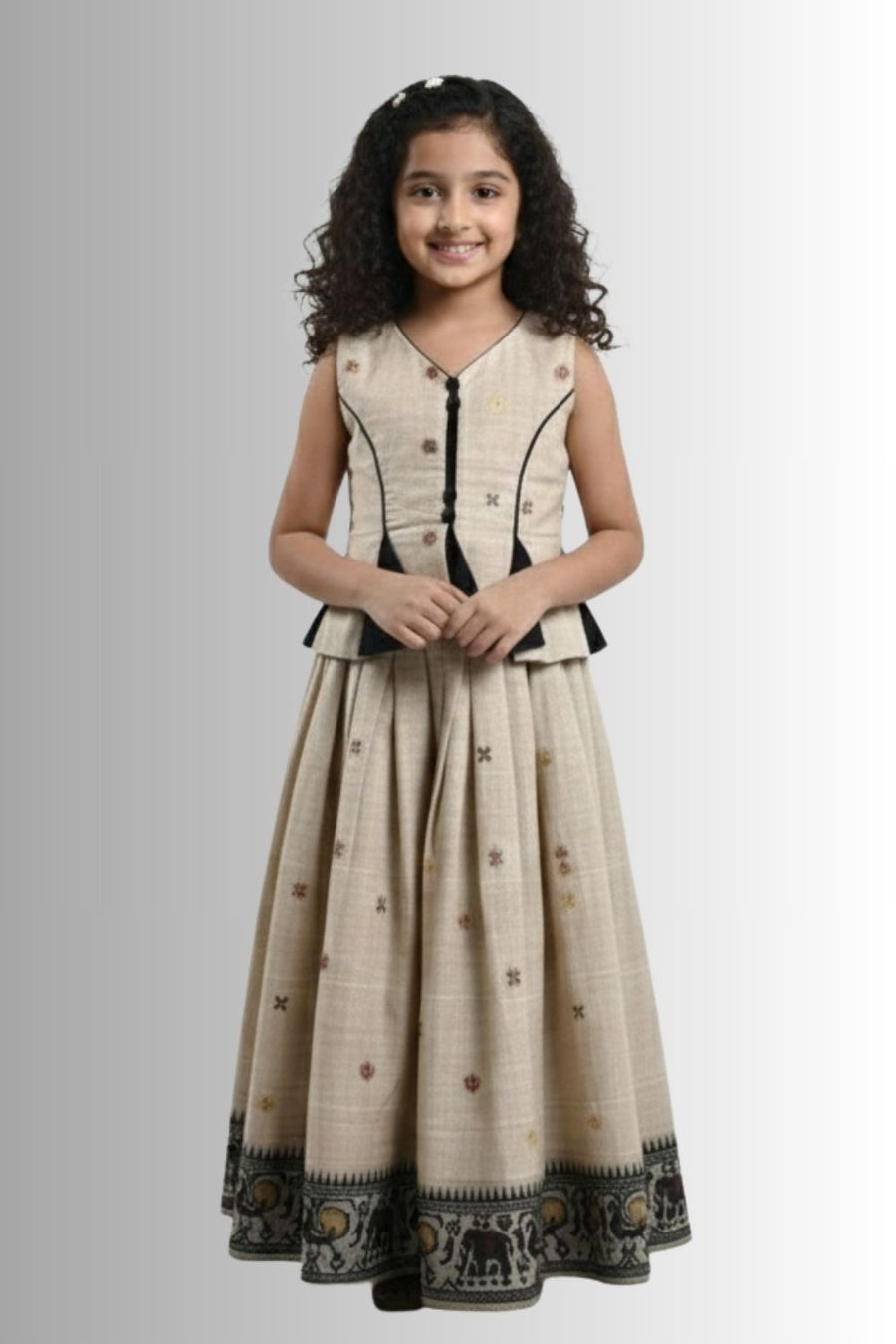 Chittythalli Girls Chanderi Cotton Pavadai Set | Peplum Panelled Top w